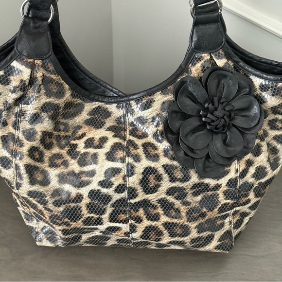 Bags | Leopard Print Handbag With Black Flower Accent | Poshmark